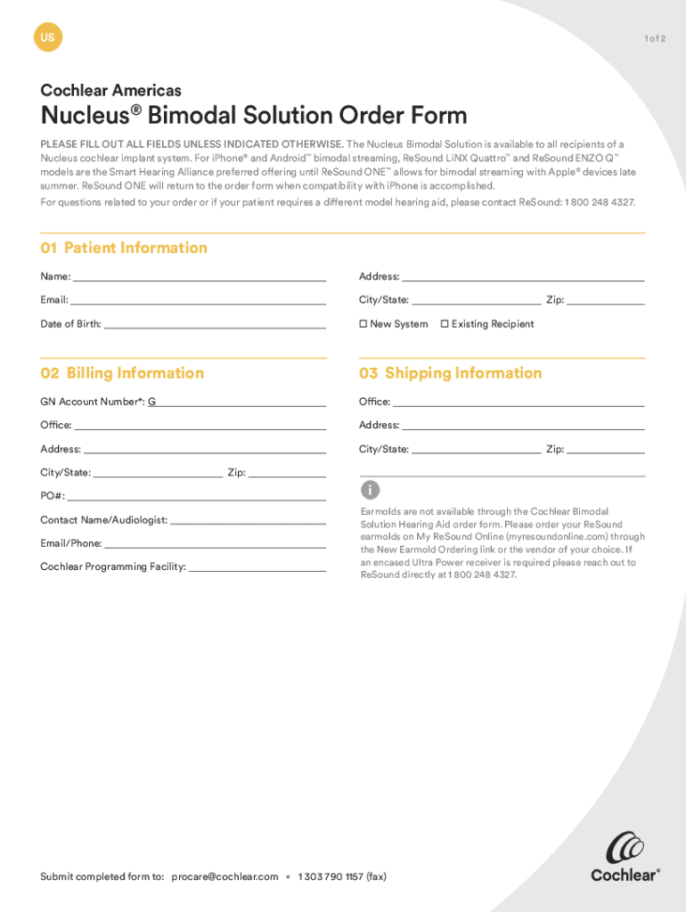Fillable Online Nucleus Bimodal Solution Order Form Fax Email Print ...