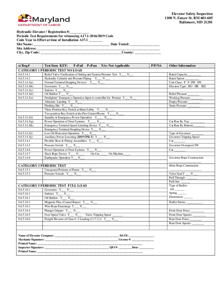 Fillable Online Elevator Safety Inspection 1100 N. Eutaw St. RM 601-605 ...