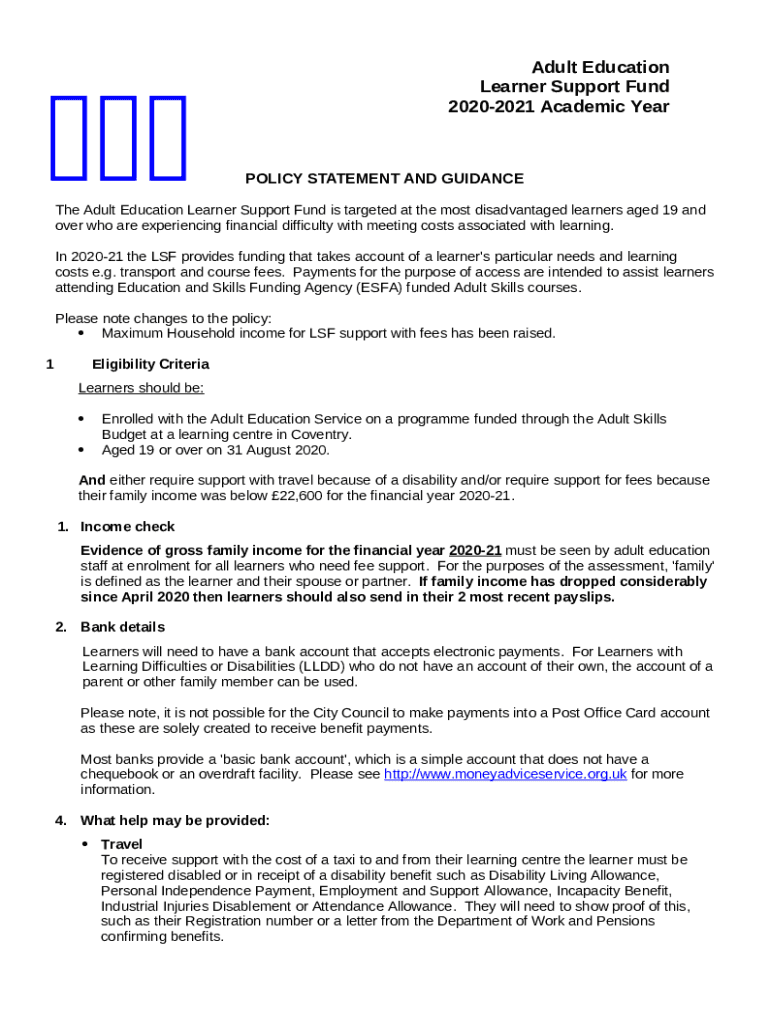 Learner Support Fund application Coventry City Council Doc Template | pdfFiller