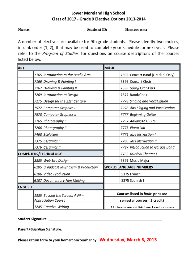 Fillable Online 9th Grade Elective Selection Sheet.xlsx Fax Email Print ...