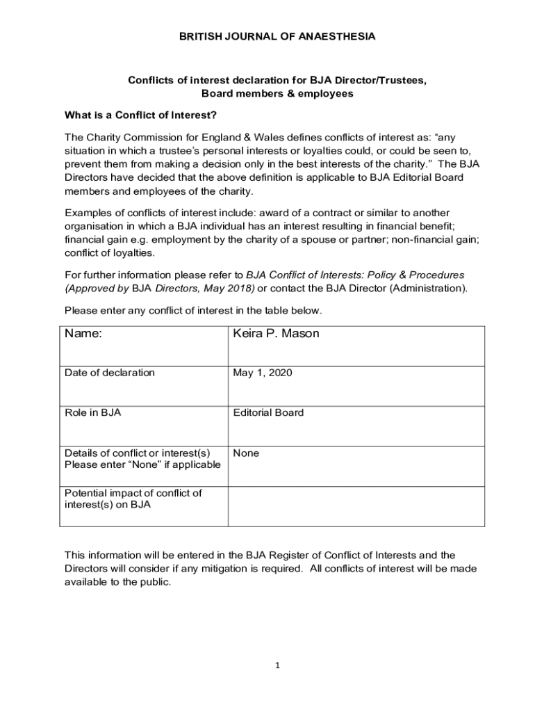 Fillable Online BJA Declaration of Interests Form Keira Mason 2020.docx Fax Email Print - pdfFiller