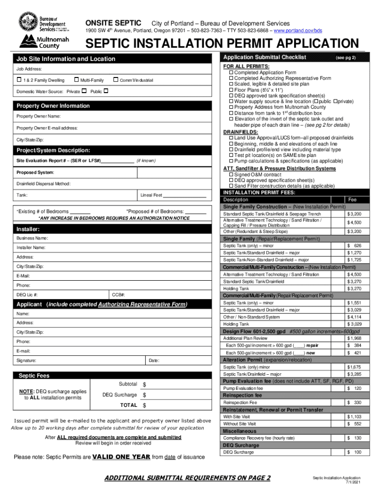 Fillable Online SEPTIC INSTALLATION PERMIT APPLICATION Fax Email Print ...