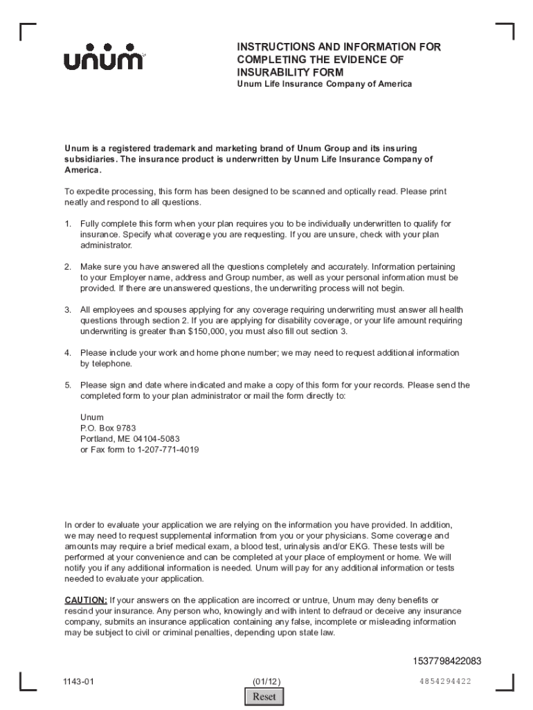 Fillable Online EVIDENCE OF INSURABILITY FORM Unum Life Insurance ...