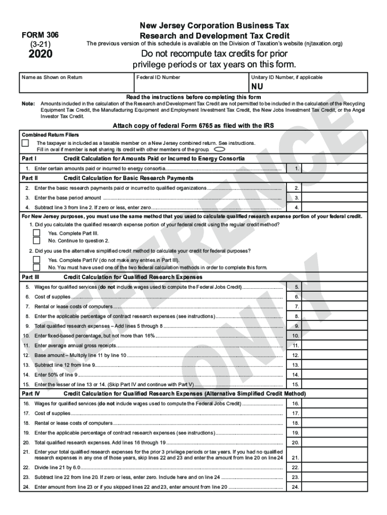 Fillable Online Form 306 Research and Development Tax Credit. Form 306 ...
