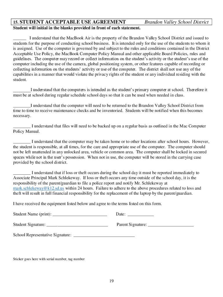 Fillable Online brandonvalley k12 sd Acceptable Use Agreement - Brandon ...