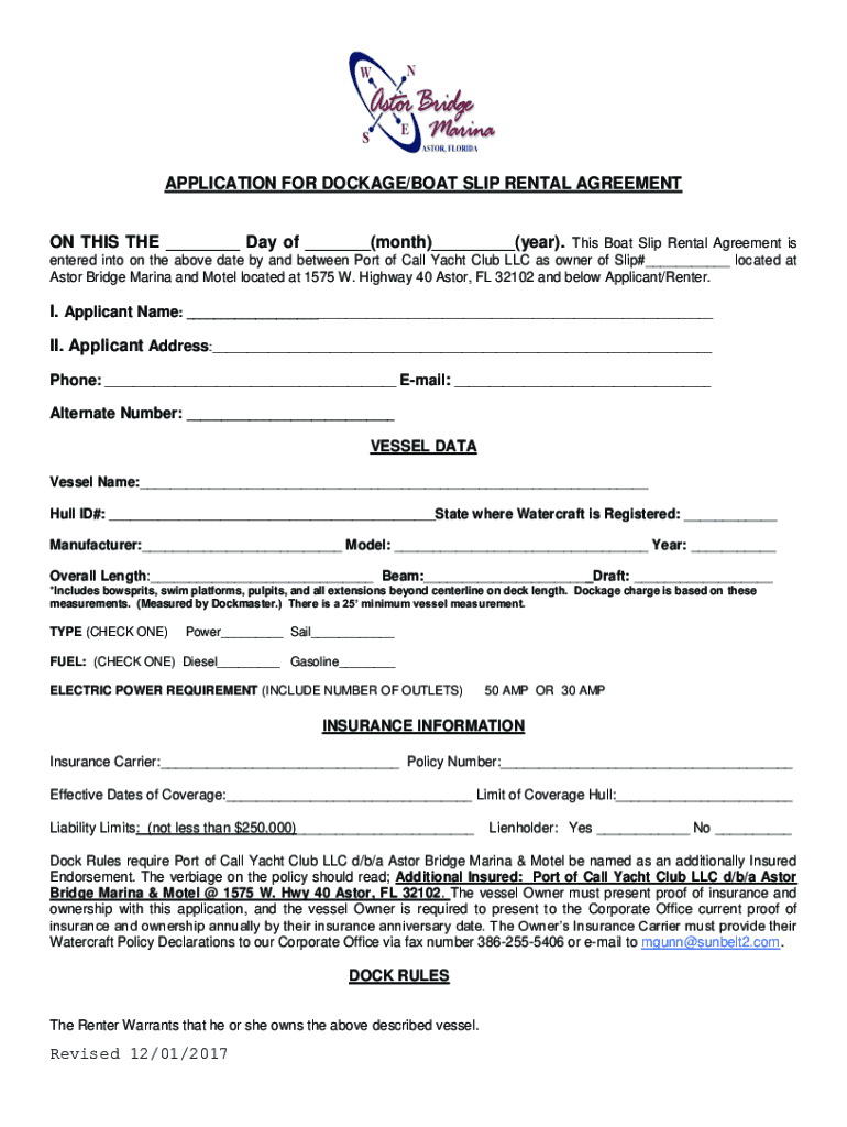 Fillable Online APPLICATION FOR DOCKAGE/BOAT SLIP RENTAL AGREEMENT ON ...