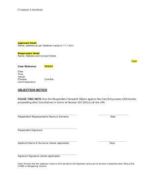 Fillable Online CCMA Objection Notice Template - Effectus Harmony Fax ...