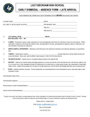 Fillable Online lucy beckham high school early dismissalabsence form ...