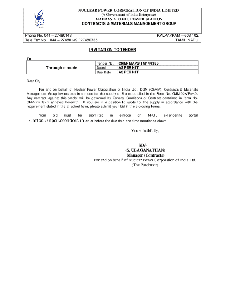 Fillable Online npcil etenders Fillable Online npcil etenders 43805.doc - npcil etenders Fax ...