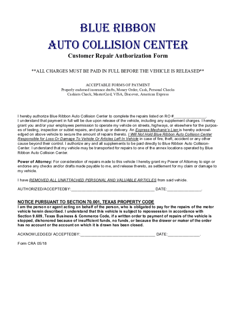 Fillable Online Authorization for Repair - Blue Ribbon Auto Collision ...