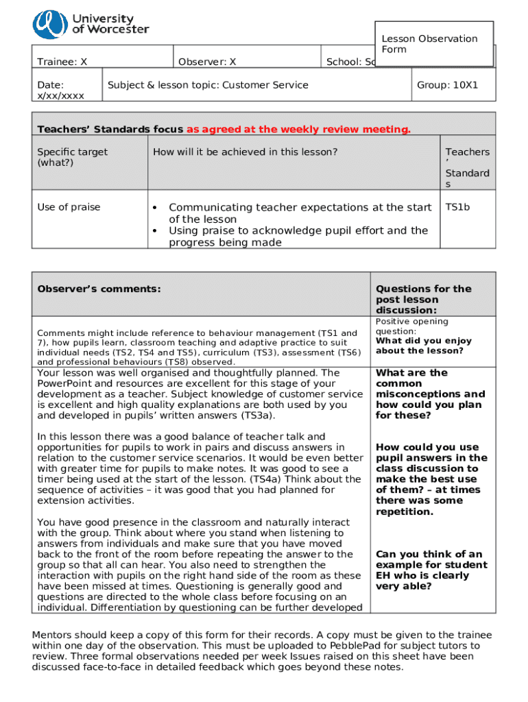 Lesson Observation Form - Blank Fillable Template | Fill Out, Print ...