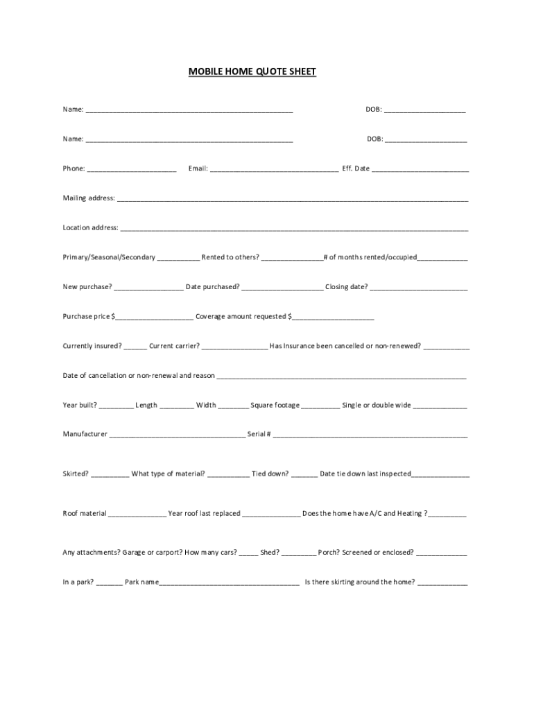 Mobile Home Insurance Quote Questionnaire - Fill Online, Printable ...