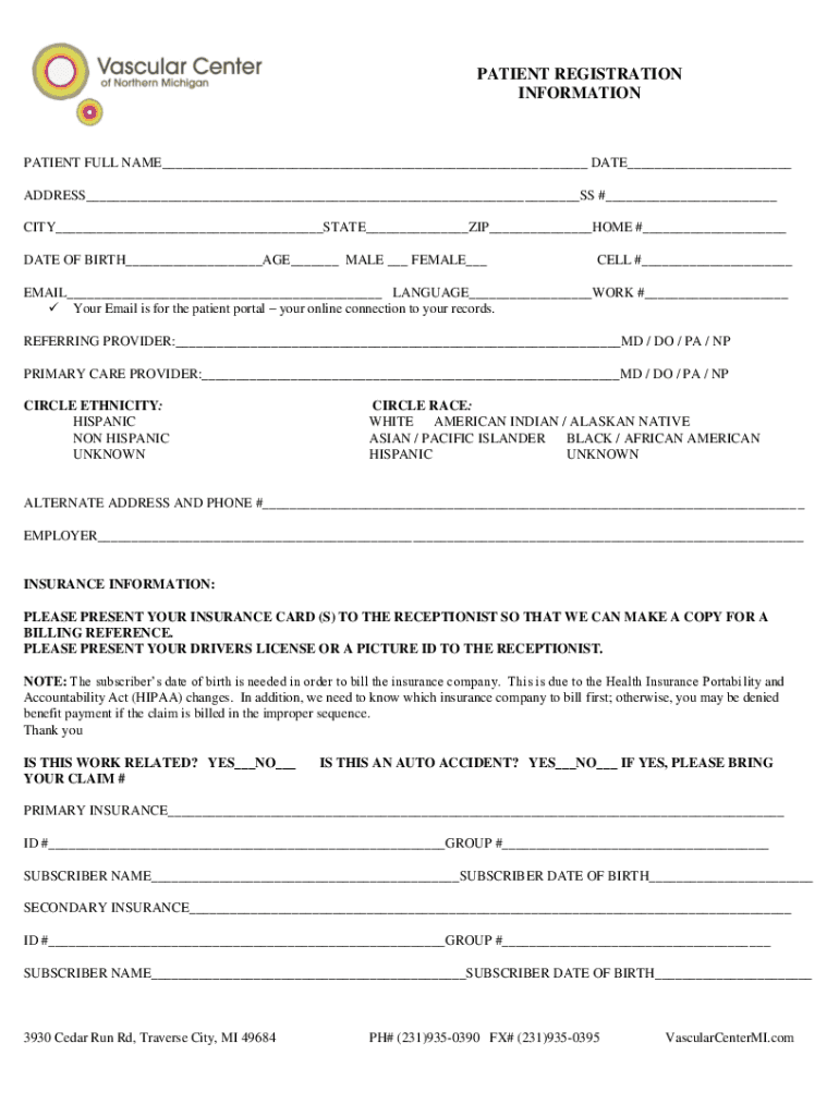 Fillable Online PATIENT REGISTRATION INFORMATION - Vascular Center ... Fax Email Print - pdfFiller