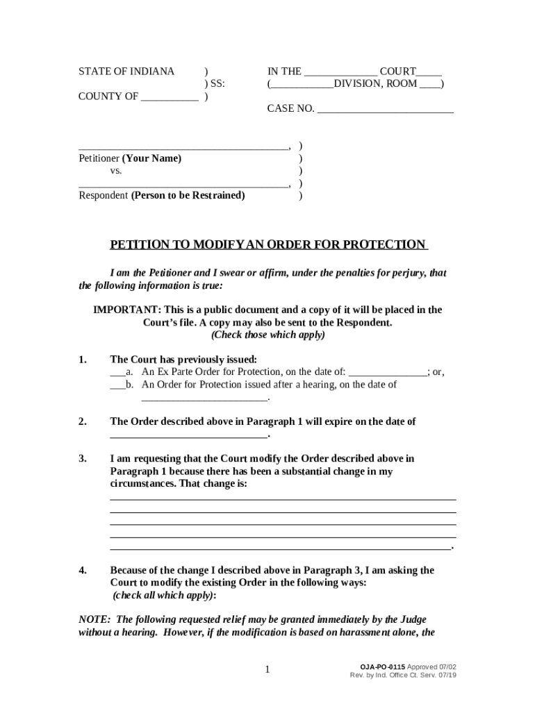 PETITION TO MODIFY AN ORDER FOR PROTECTION AND ... - Indiana Doc ...
