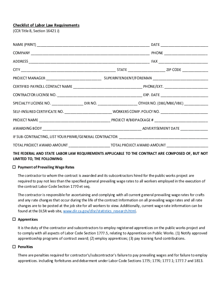 Fillable Online "Checklist of Labor Law Requirements" - City of San ...