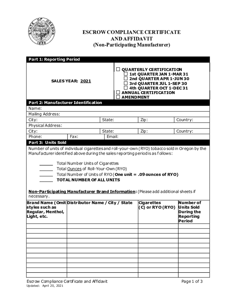 Fillable Online 2021 Escrow Compliance Certificate and Affidavit Fax ...