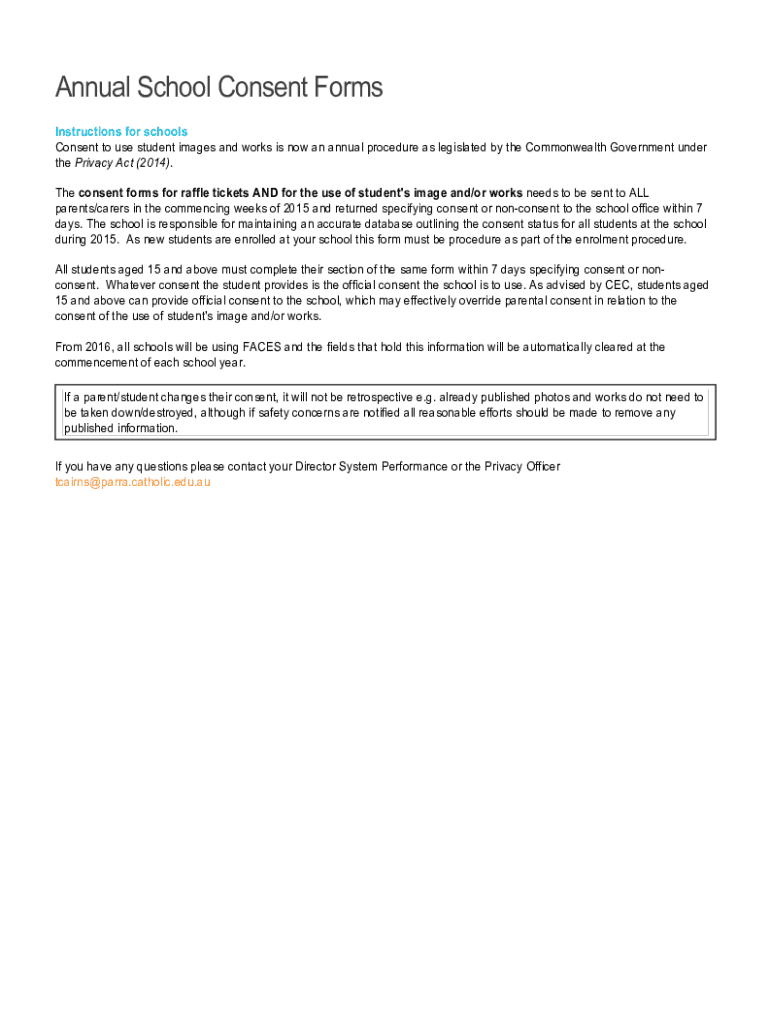 Fillable Online Annual School Consent Form - Catholic Primary Schools ...