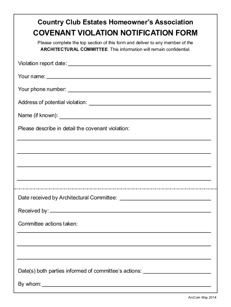 Fillable Online HOA ArchComm Violation Form Fax Email Print - pdfFiller