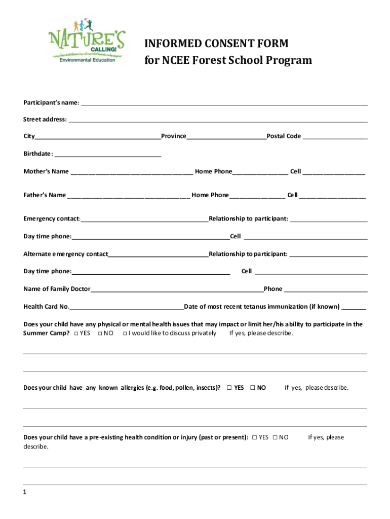 Fillable Online INFORMED CONSENT FORM for NCEE Forest ... - Nature's ...