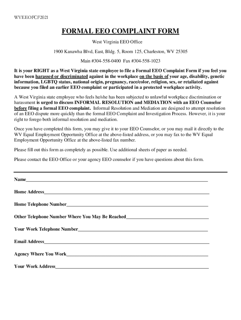 Fillable Online eeo wv State Complaint Form - West Virginia Department ...