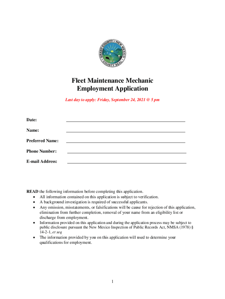 Fillable Online Fleet Maintenance Mechanic Employment Application Fax ...
