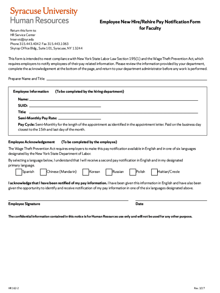 Fillable Online Employee New Hire Rehire Pay Notification Form for ...