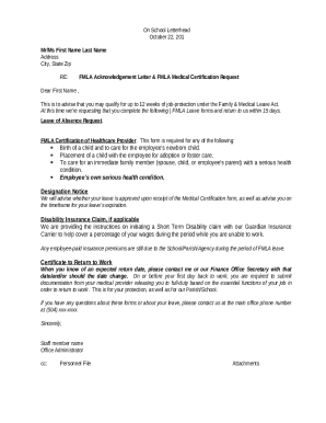 FMLA Acknowledgement Letter Template (to be given with FMLA Notice and ...