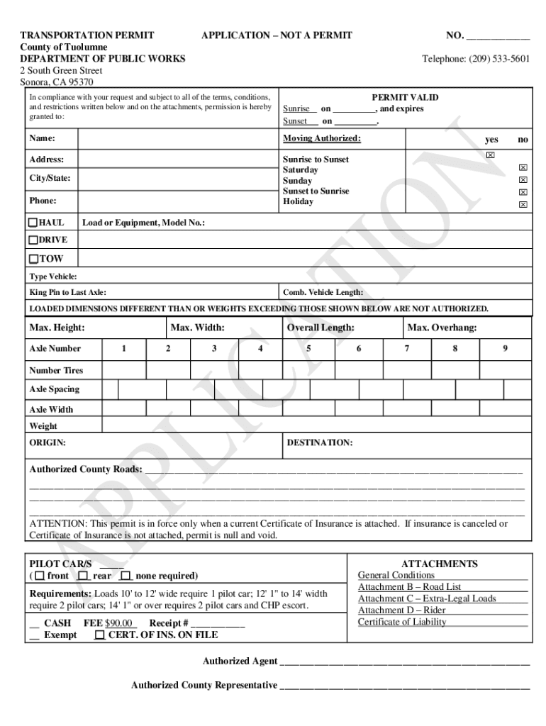 Fillable Online TRANSPORTATION PERMIT APPLICATION ... - Tuolumne County ...