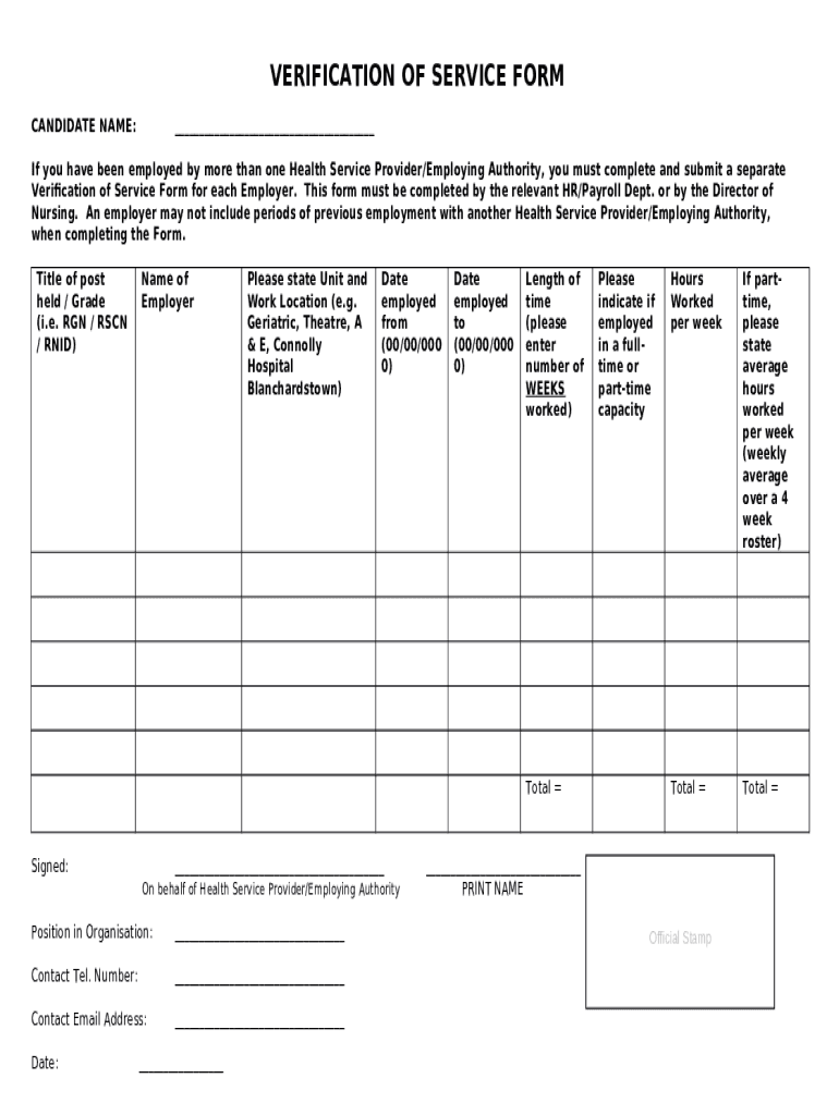 Verification of Service (A) - Ireland's Health Services Doc Template ...