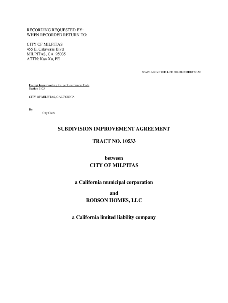 Fillable Online SUBDIVISION IMPROVEMENT AGREEMENT TRACT NO. 10475 Fax ...