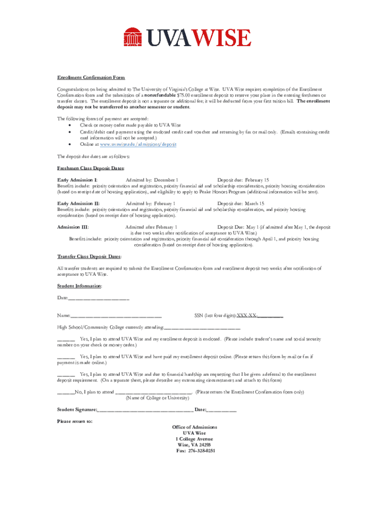 Fillable Online Enrollment Confirmation Form nonrefundable The ... - UVA Wise Fax Email Print ...