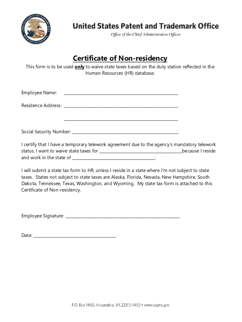 Fillable Online www.uspto.govsitesdefaultCertificate of Non-residency ...