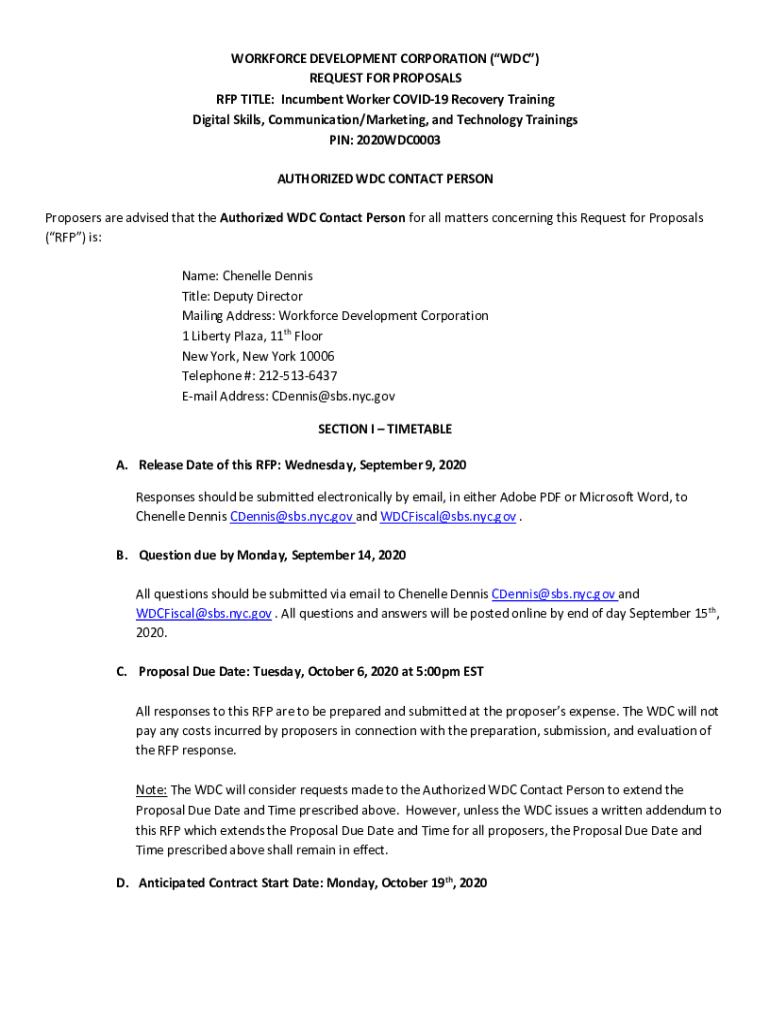 Fillable Online WORKFORCE DEVELOPMENT CORPORATION (WDC) REQUEST FOR ...