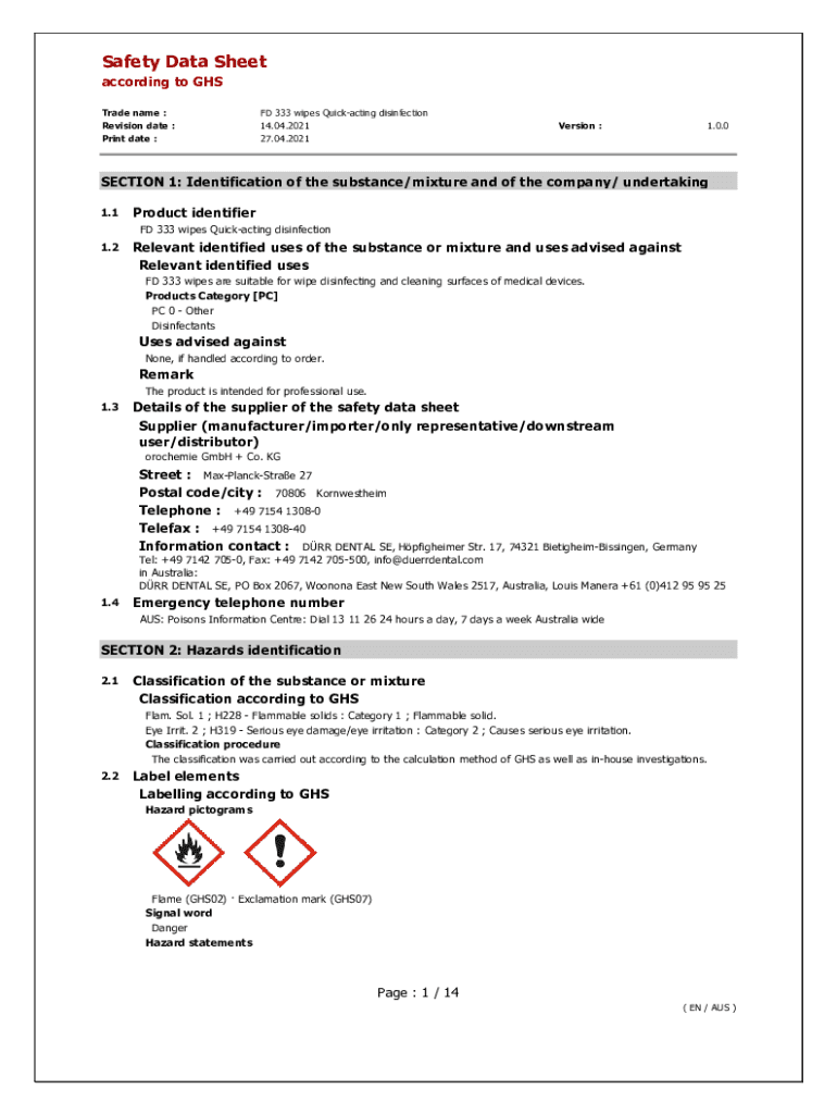 Fillable Online Section 1 - Safety Data Sheet Fax Email Print - pdfFiller