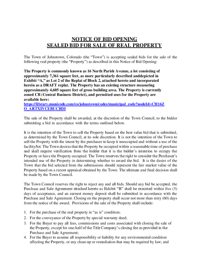 Fillable Online NOTICE OF BID OPENING SEALED BID FOR SALE OF REAL ...