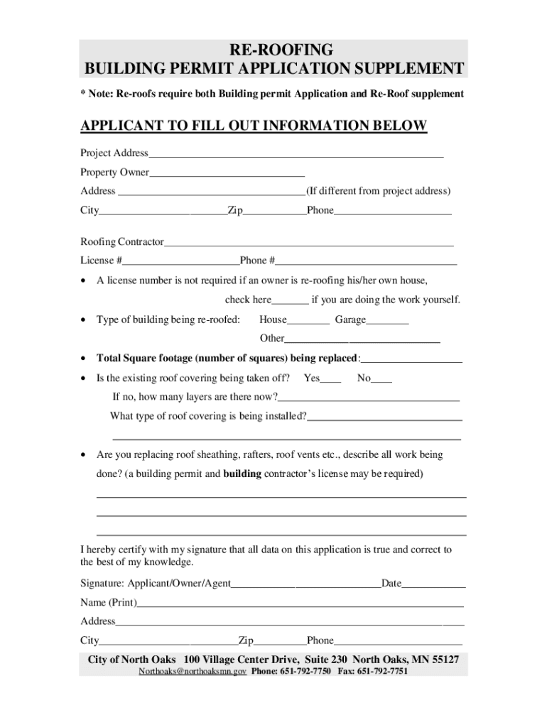 Fillable Online RE-ROOFING BUILDING PERMIT APPLICATION SUPPLEMENT Fax ...