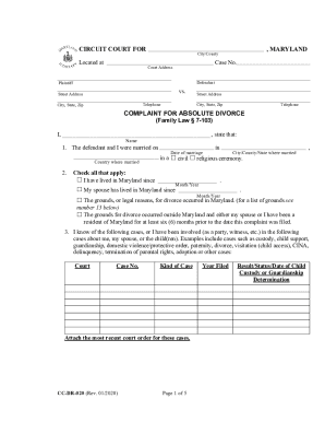 Fillable Online CC-DR-020 - Complaint for Absolute Divorce Fax Email ...