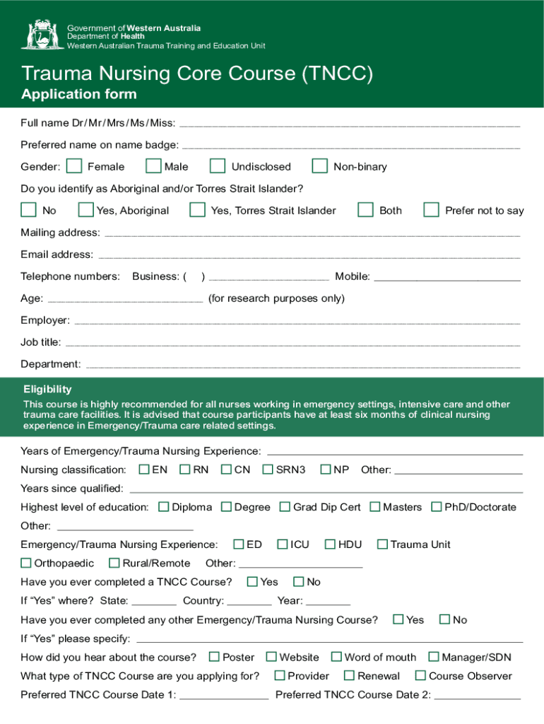 Fillable Online pch.health.wa.gov.autncc-application-formTrauma Nursing ...