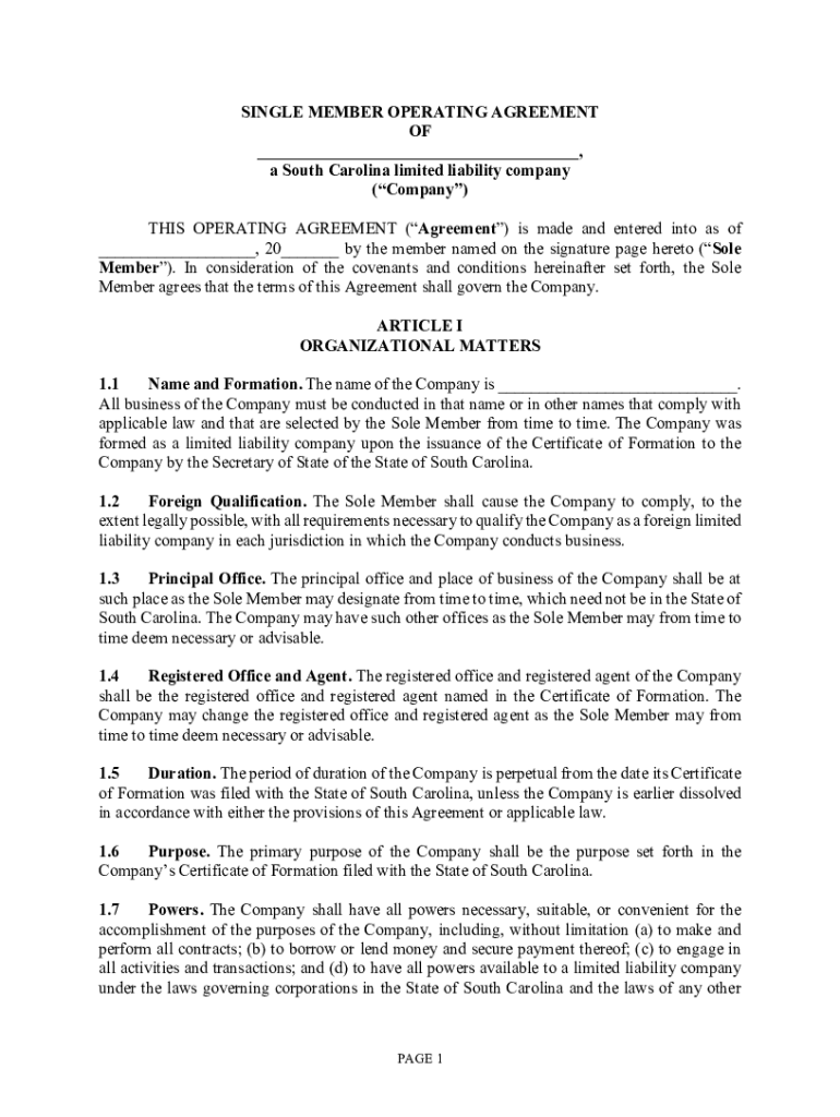 Fillable Online FREE South Carolina LLC Operating Agreement Template ...