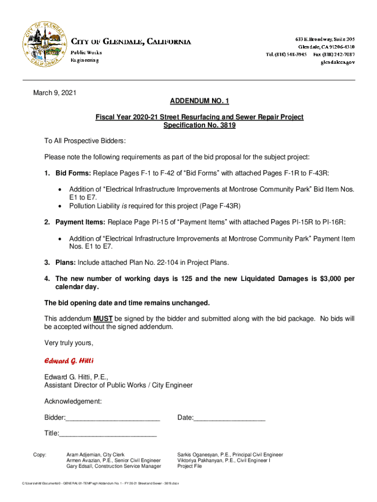 Fillable Online ADDENDUM NO. 2 Specification No. 3819 - Glendale, CA ...