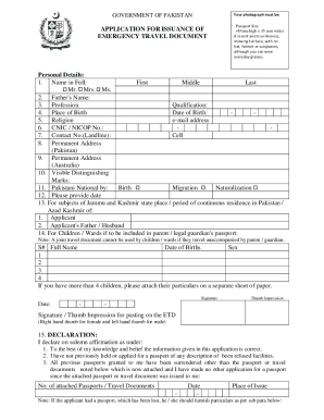 Fillable Online APPLICATION FOR ISSUANCE OF EMERGENCY TRAVEL DOCUMENT A ...