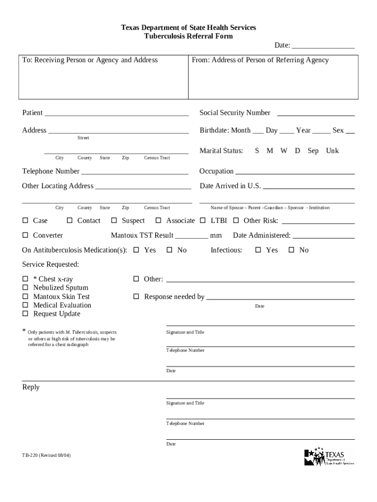 TB-220. Texas Department of State Health ServicesTuberculosis Referral ...