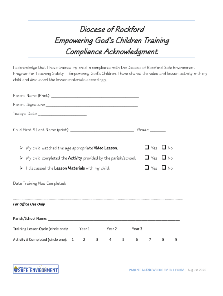 Fillable Online Parent Acknowledgement Form. August 2020 Fax Email ...