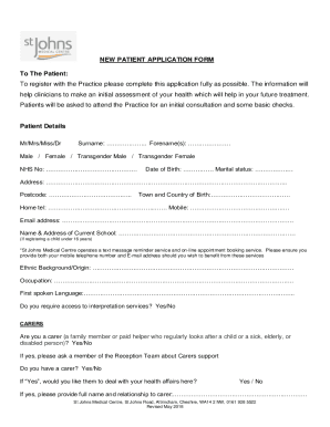 Fillable Online NEW PATIENT APPLICATION FORM - St Johns Medical Centre ...