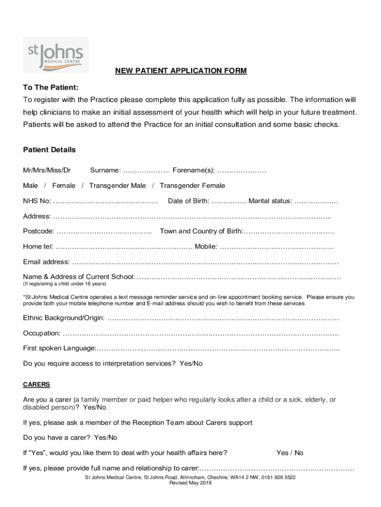 Fillable Online NEW PATIENT APPLICATION FORM - St Johns Medical Centre ...