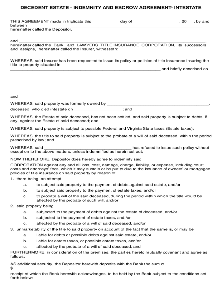 Fillable Online va-indemnity-and-escrow-agreement.pdf - Stewart Title Fax Email Print - pdfFiller
