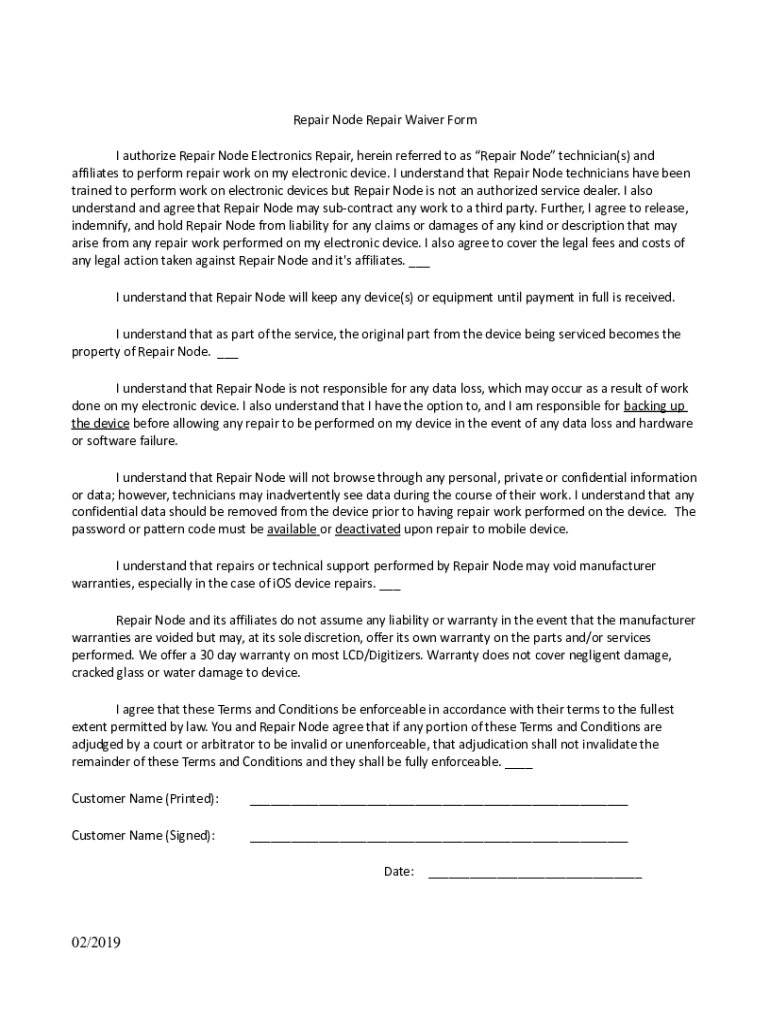 Fillable Online Repair Node Repair Waiver Form I authorize Repair Node ...