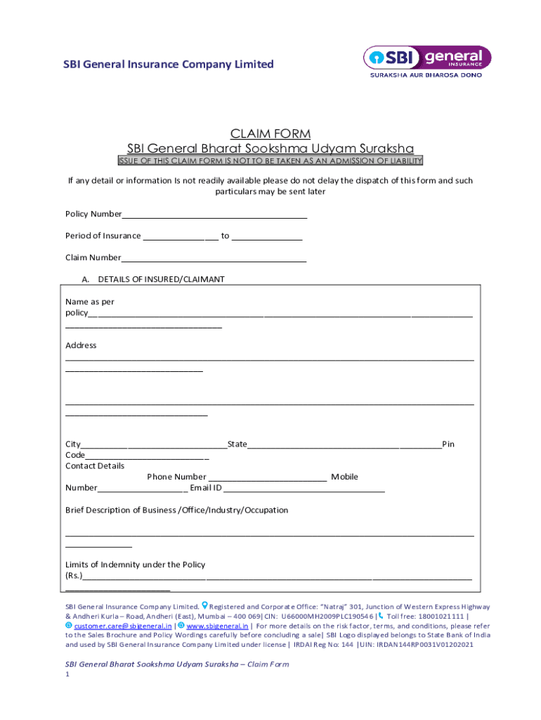 Fillable Online PDF claim form saral suraksha bima, sbi general ...