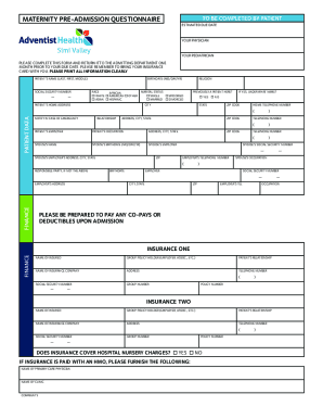 Fillable Online MATERNITY PRE-ADMISSION QUESTIONNAIRE - Adventist ...