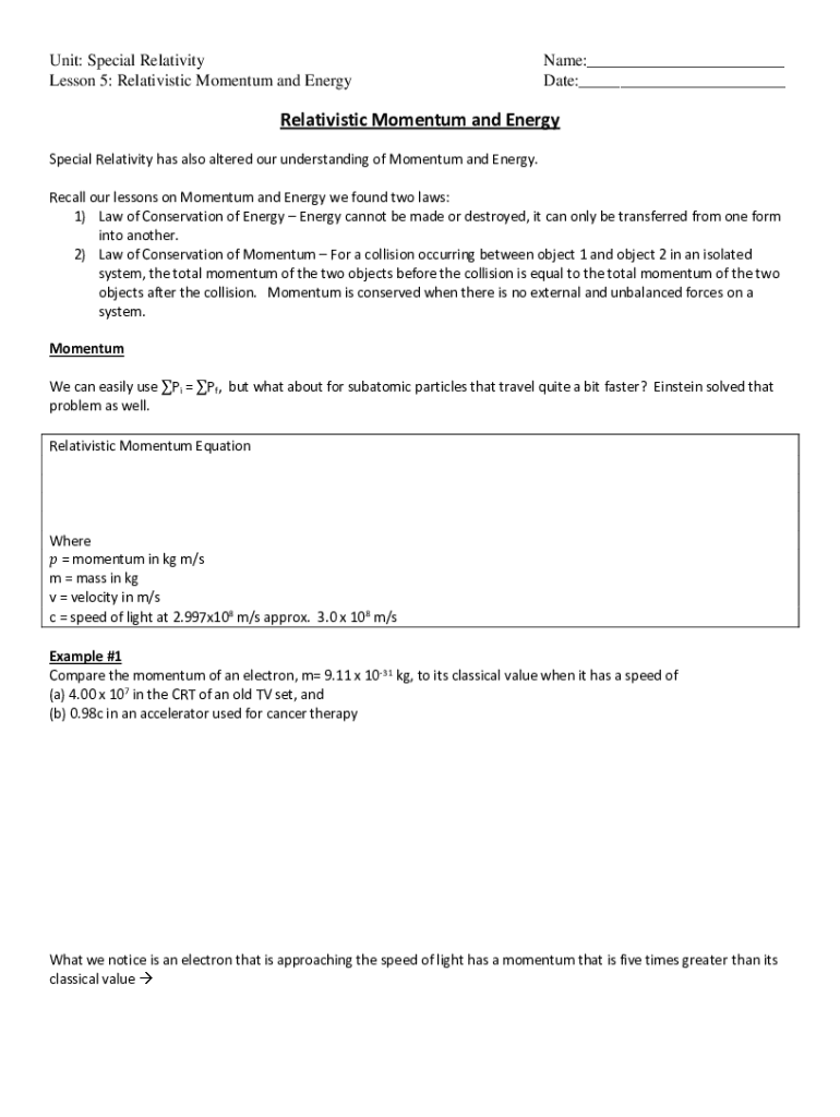 Fillable Online nwillard.weebly.com uploads 1/3/9Relativistic Momentum ...